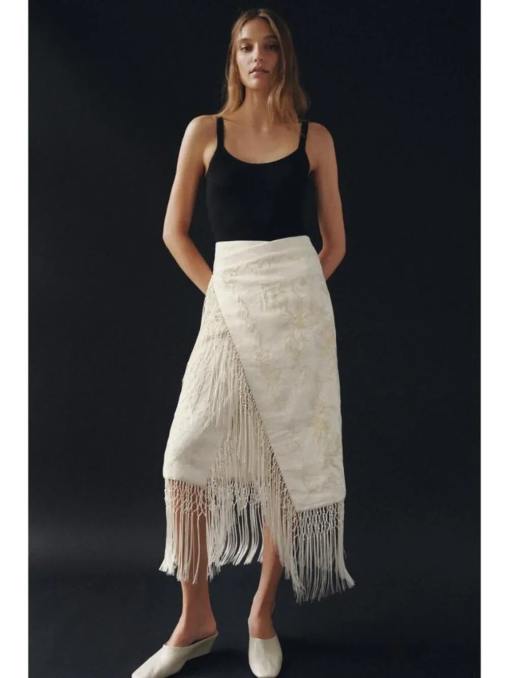 Zara | Skirts | Zara Zw Collection 0 Linen Embroidered Midi Skirt ...